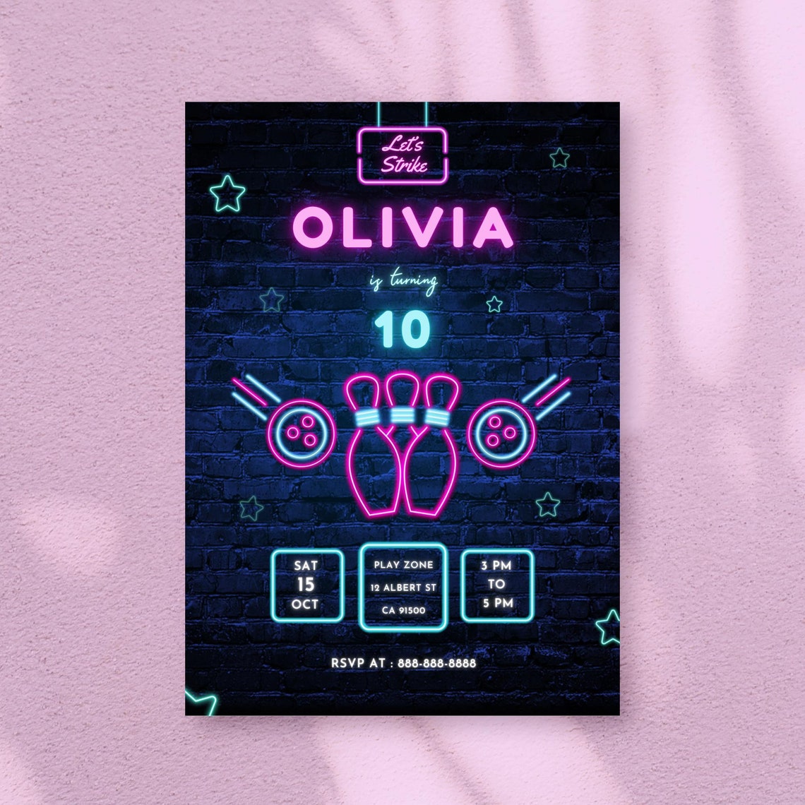 Neon Bowling Birthday Invitation | Kids Strike Party (canva Template ...