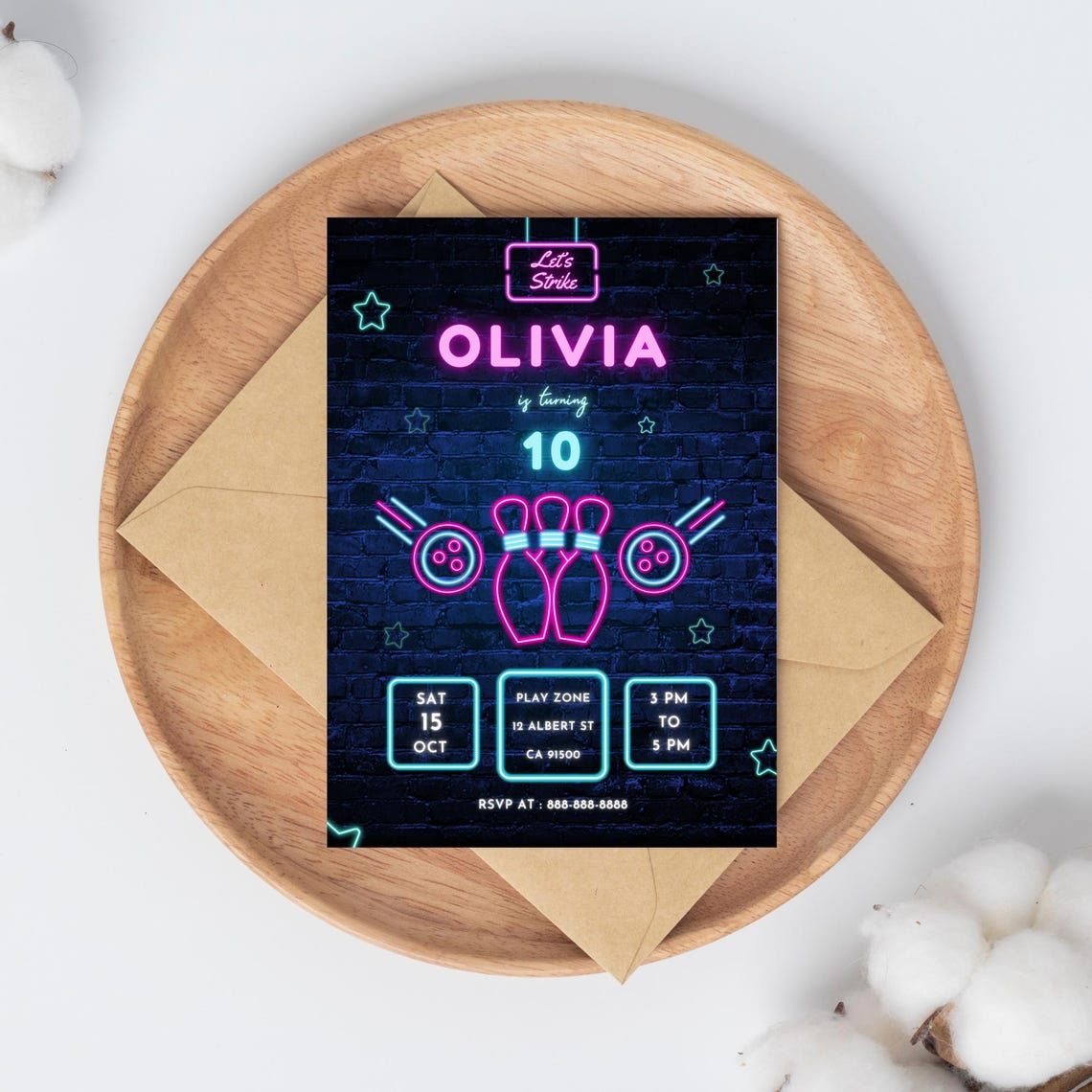 Neon Bowling Birthday Invitation | Kids Strike Party (canva Template ...
