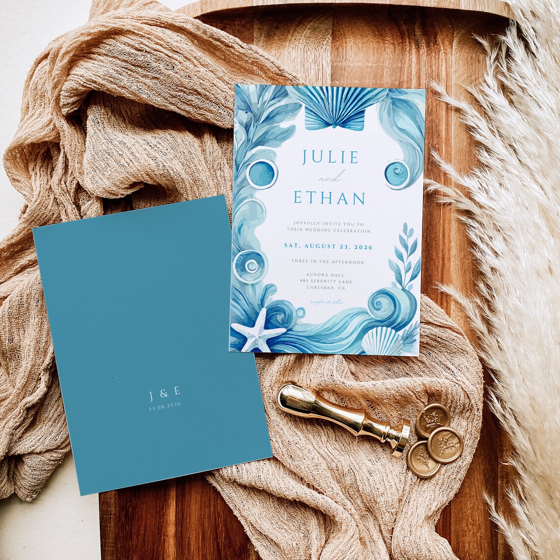 Personalized Seashell Wedding Invitation Template - Editable Blue Ocean ...