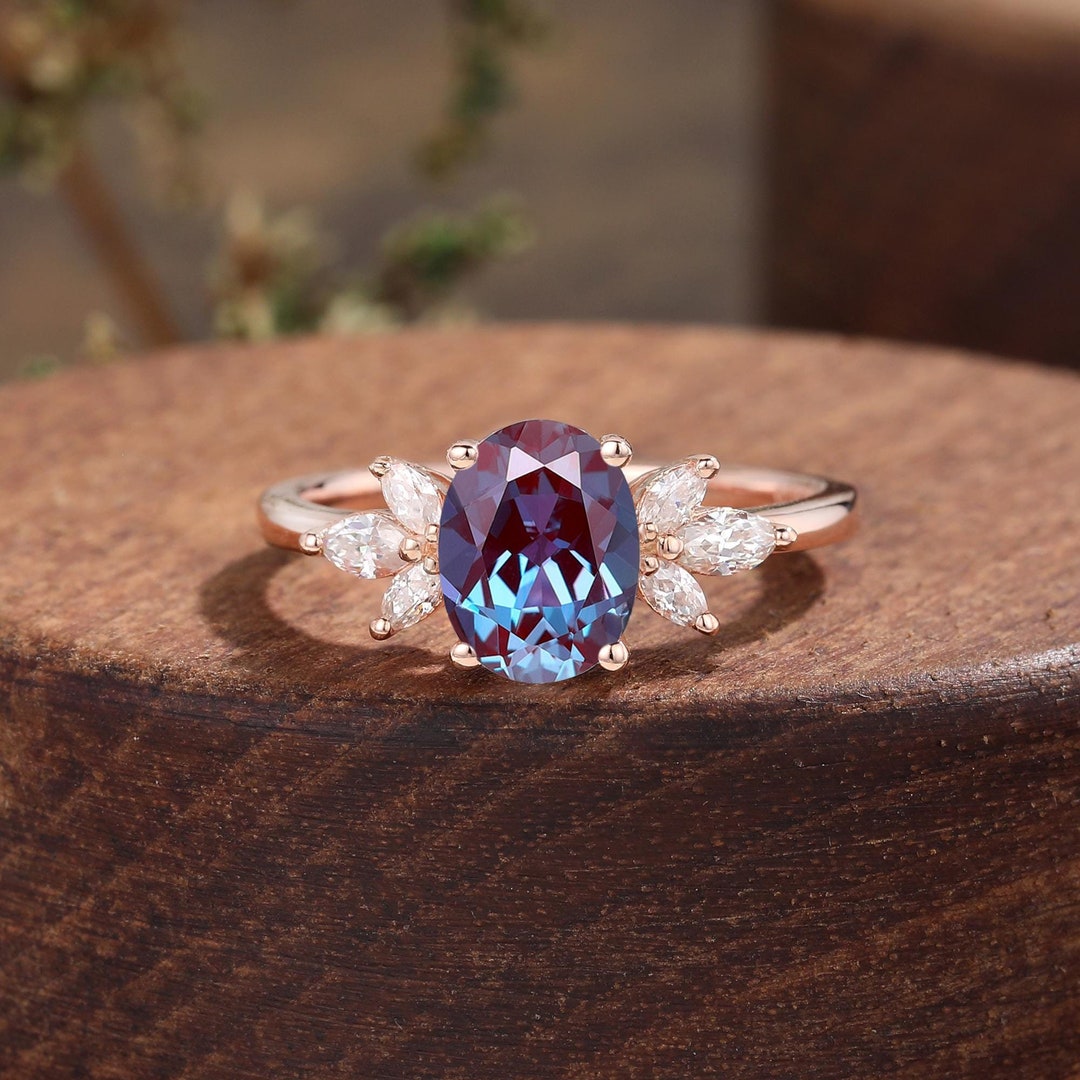 Oval Lab Alexandrite Engagement Ring, Marquise Cut Wedding Ring, Rose ...