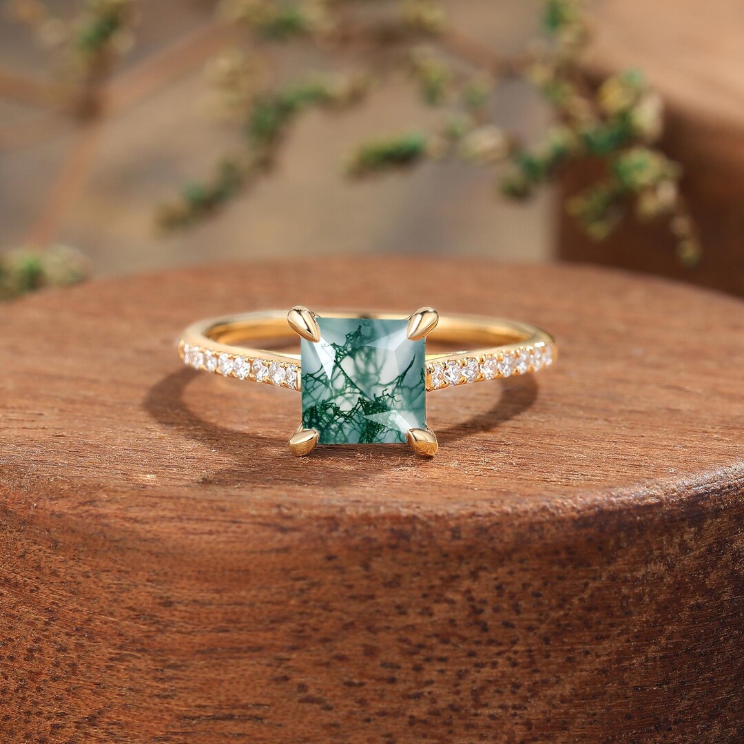 Princess Cut Moss Agate Engagement Ring, Yellow Gold Wedding Ring, Half ...