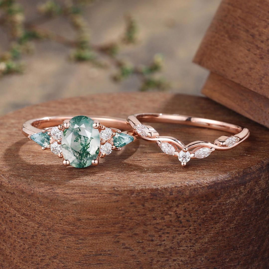 Oval Cut Moss Agate Bridal Set, Kite Cut Engagement Ring, Rose Gold ...
