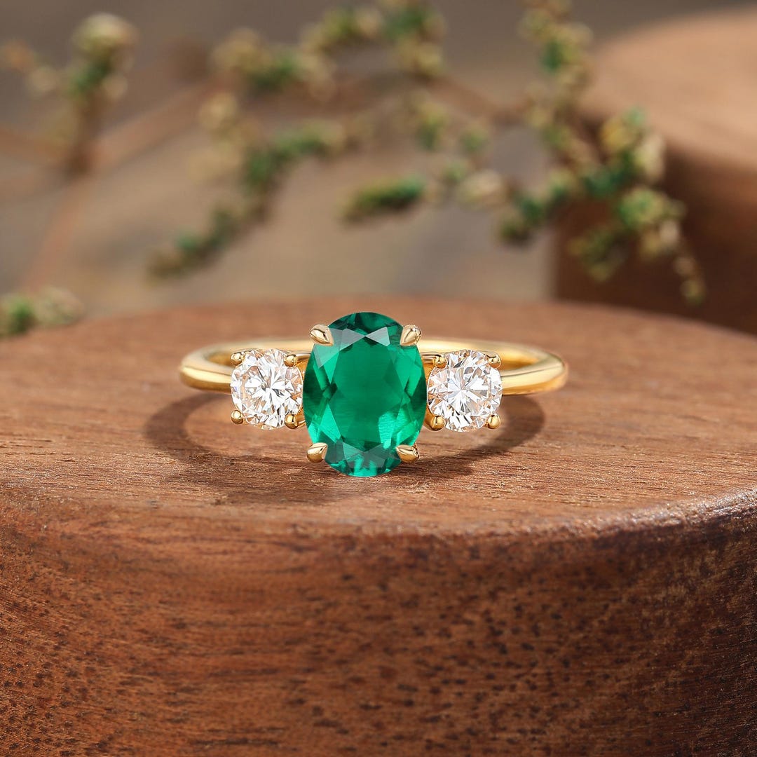 Oval Lab Emerald Engagement Ring, Vintage Yellow Gold Wedding Ring ...