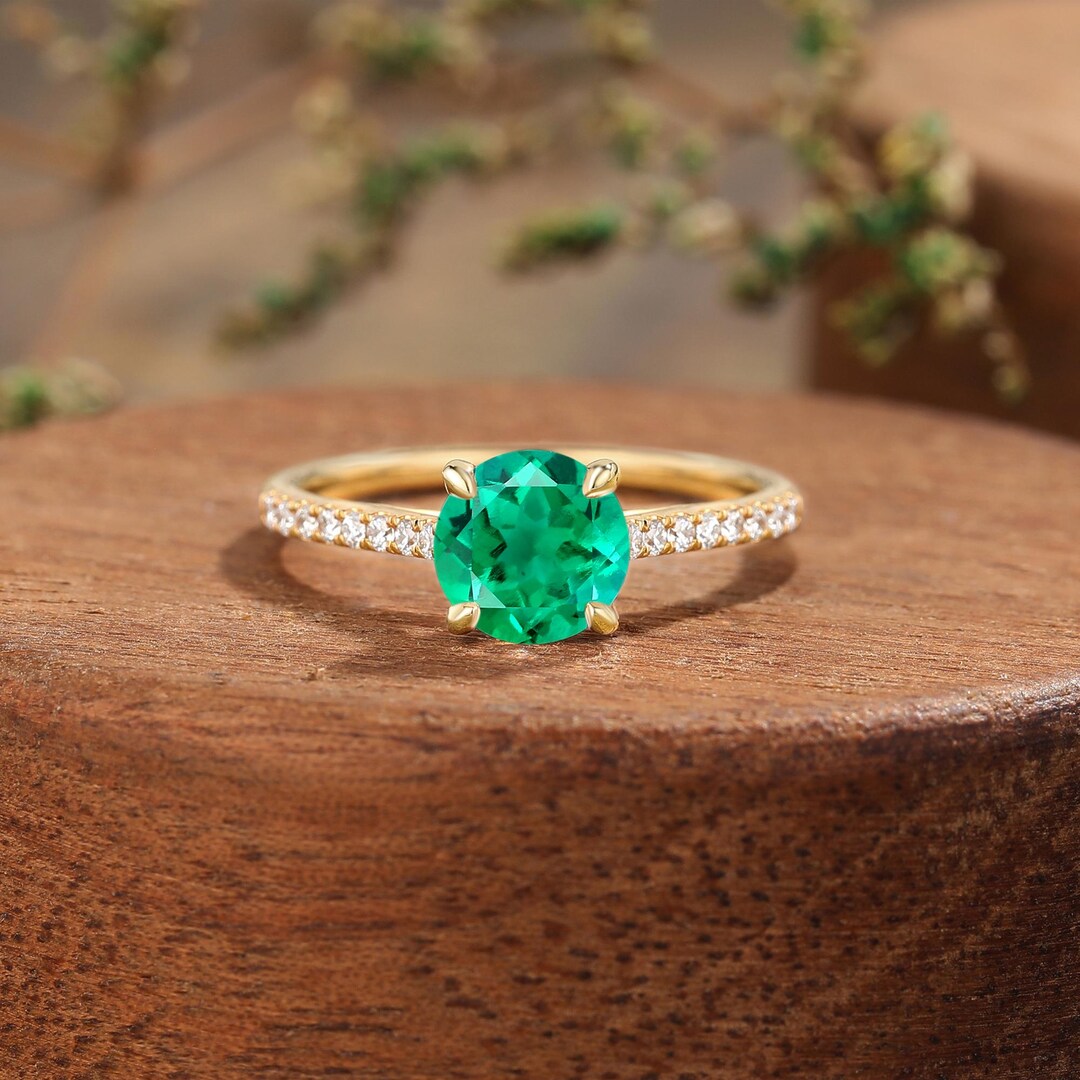 Round Lab Emerald Engagement Ring, Vintage Yellow Gold Wedding Ring ...