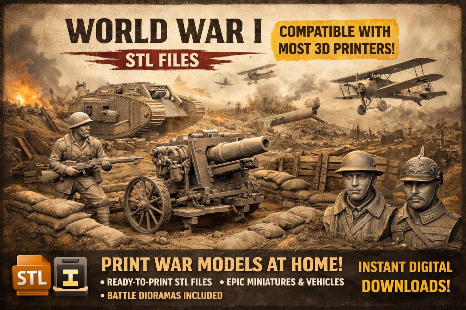 WWI Mega STL Bundle – 3D Printable World War 1 Soldiers, Tanks & Trench ...