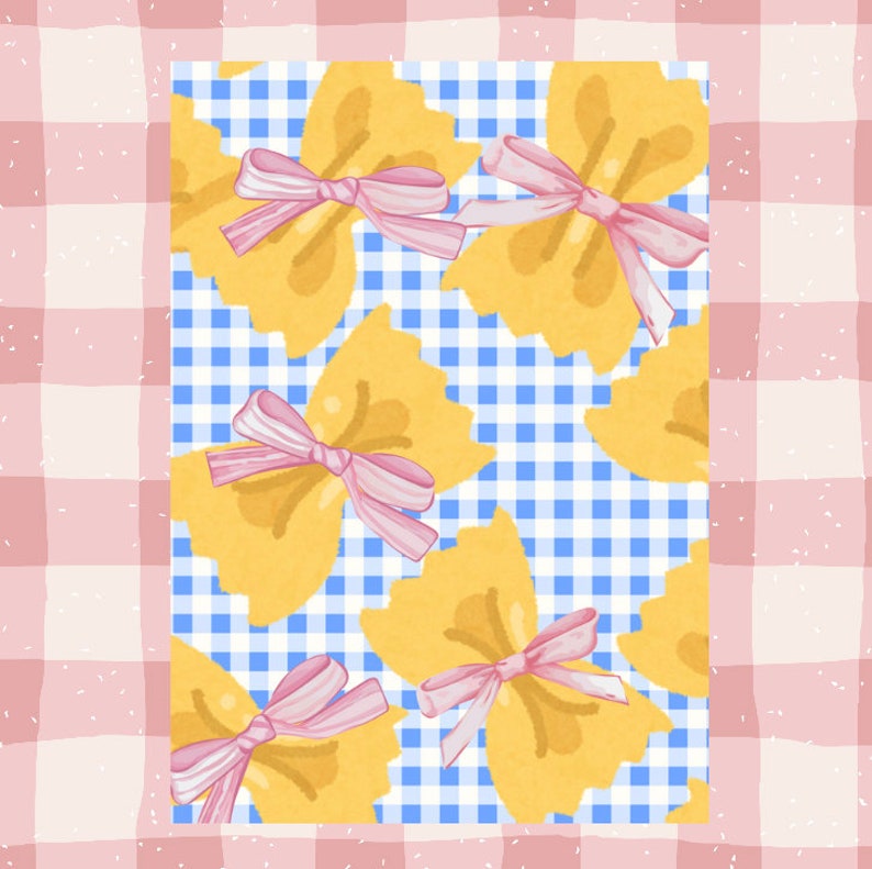 Cute Bow Tie Pasta Digital Print Blue Gingham and Pink Bows A4 Kitchen ...