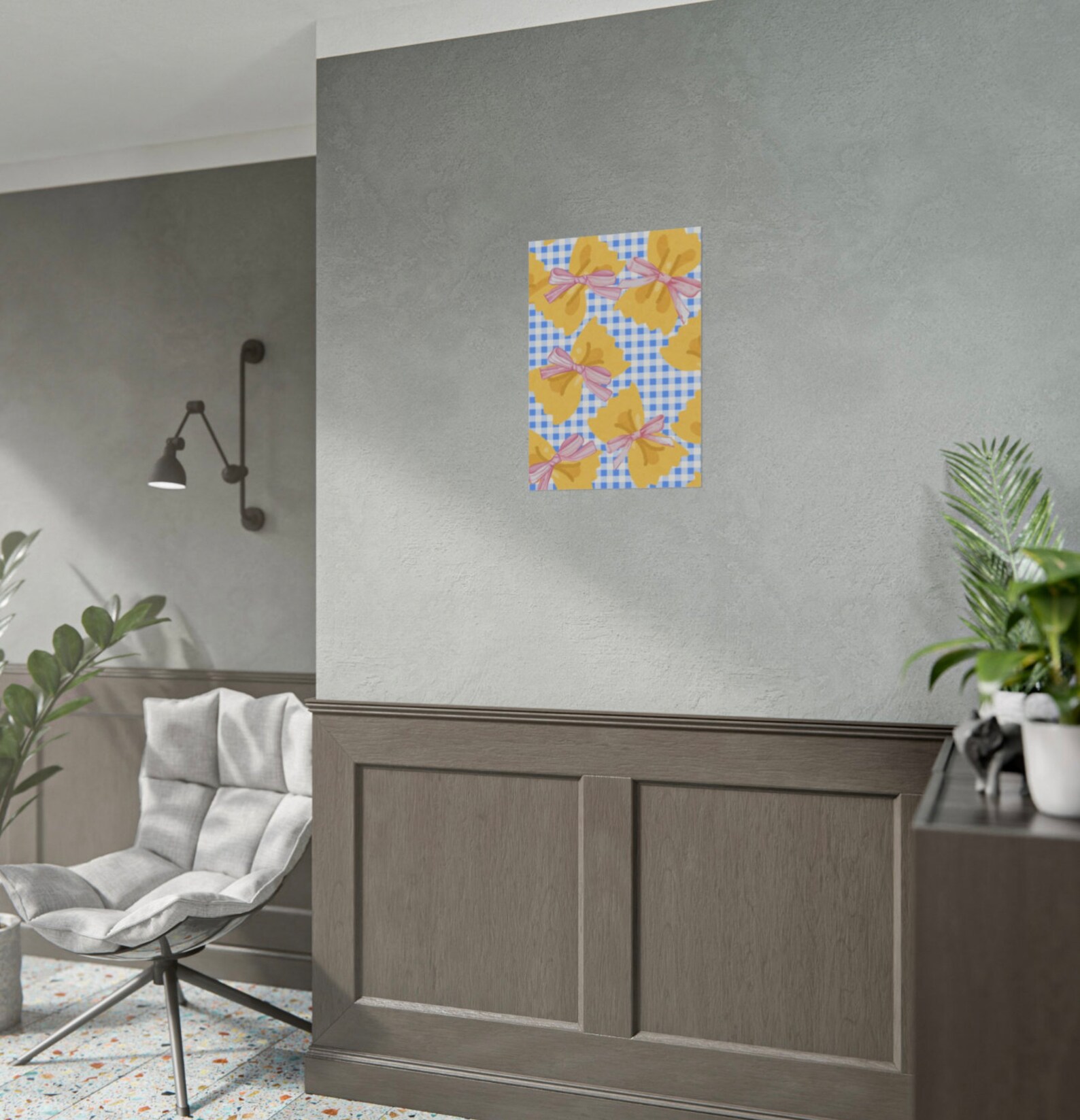 Cute Bow Tie Pasta Digital Print Blue Gingham and Pink Bows A4 Kitchen ...