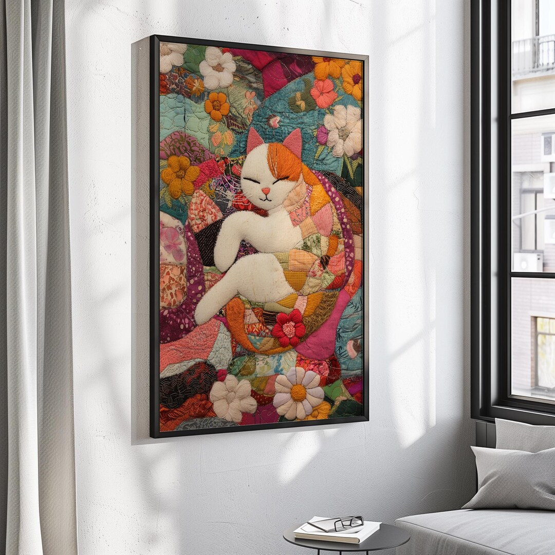 Charming Cat Fabric Collage Wall Art – Colorful Quilt Patchwork With ...