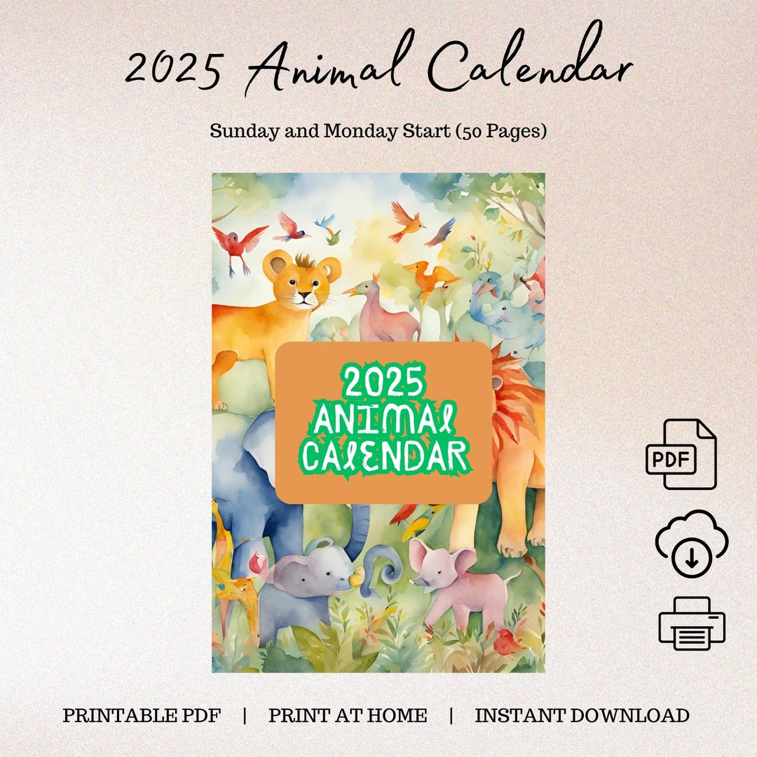 2025 Monthly Calendar | 2025 Kids Animal Calendar | Sunday Monday Start ...