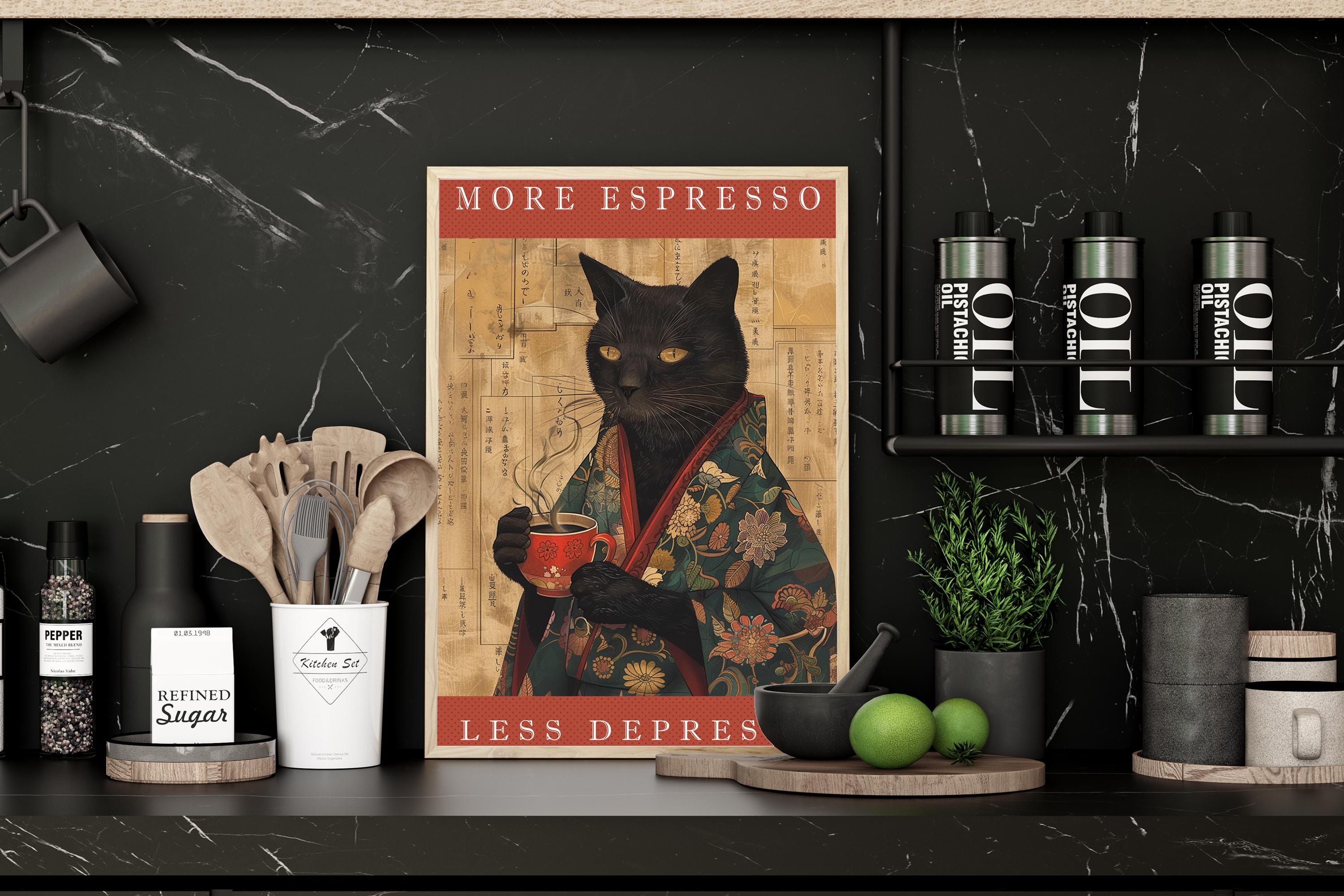 Funny Black Cat Espresso Poster, More Espresso Less Depresso Wall Art ...