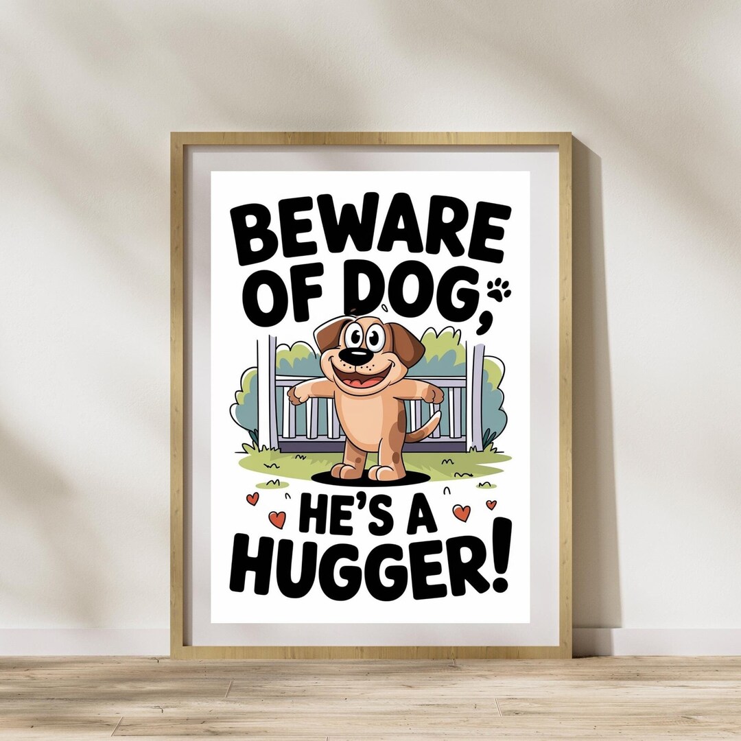 Funny Dog Print - Beware of Dog, He’s a Hugger Minimalist Heart Decor ...