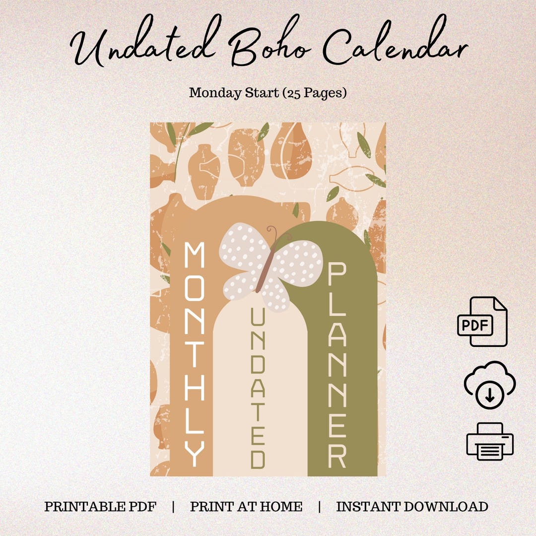 Boho Undated Calendar - Printable Monthly Planner, Aesthetic Digital ...