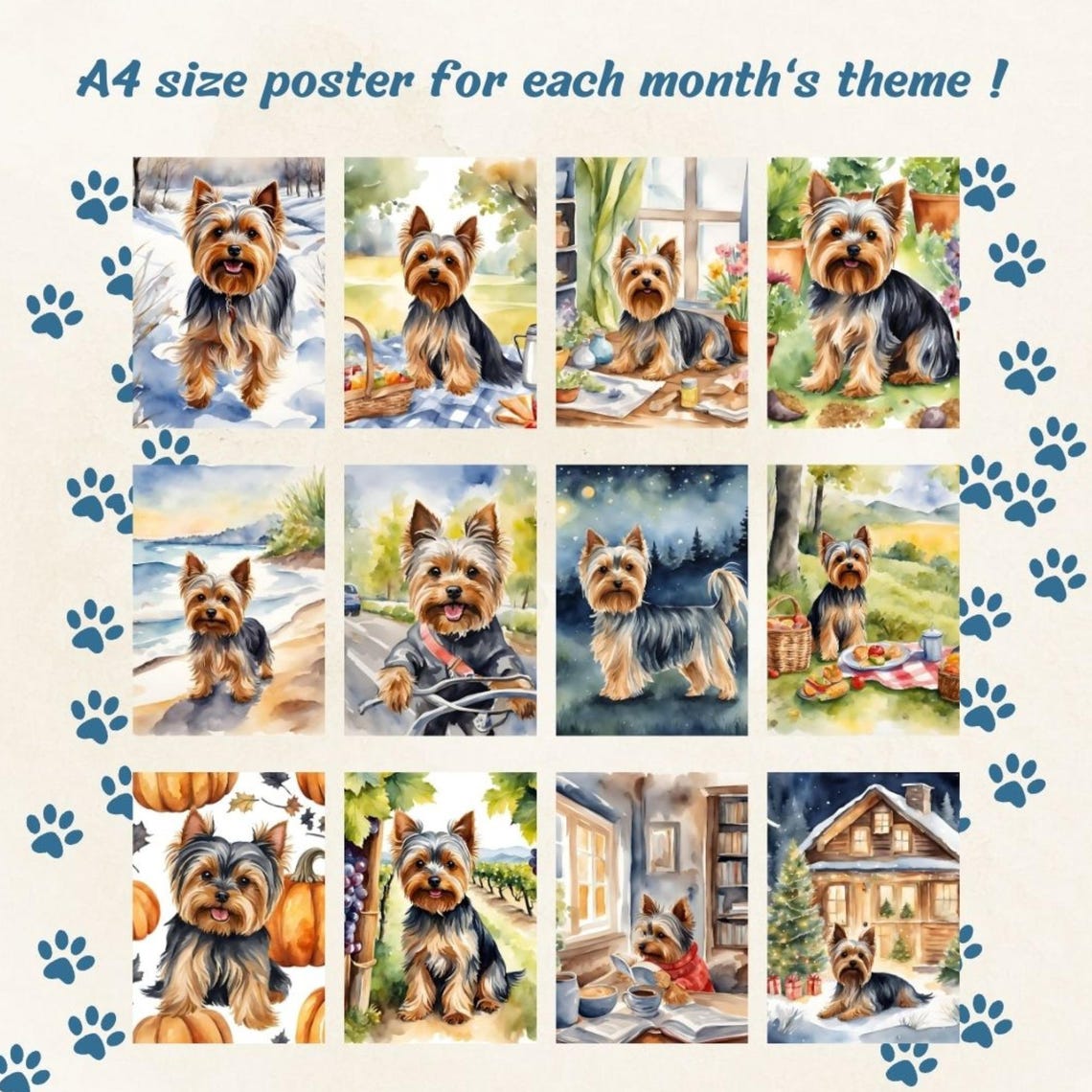 Yorkie Calendar 2025 - Printable 12 Month Cute Yorkshire Terrier Desk ...
