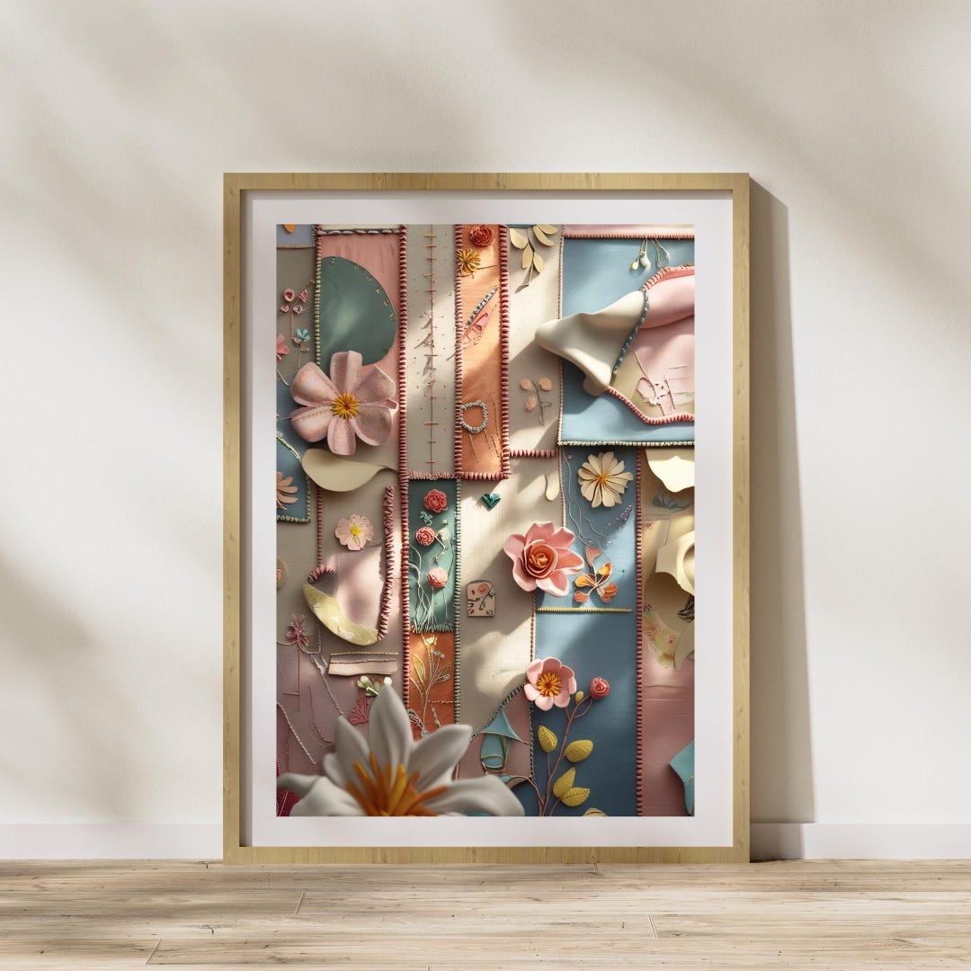 Fabric Collage Wall Art - Patchwork Textile Artwork - Boho Embroidered ...