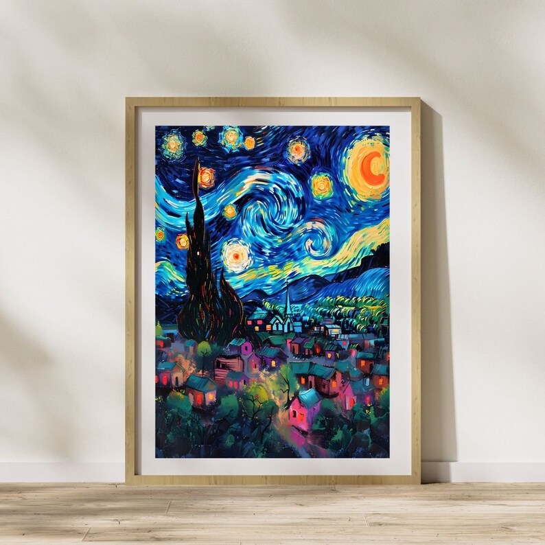 Van Gogh Starry Night Reinterpretation Print: Neon Stars, Whimsical Art ...