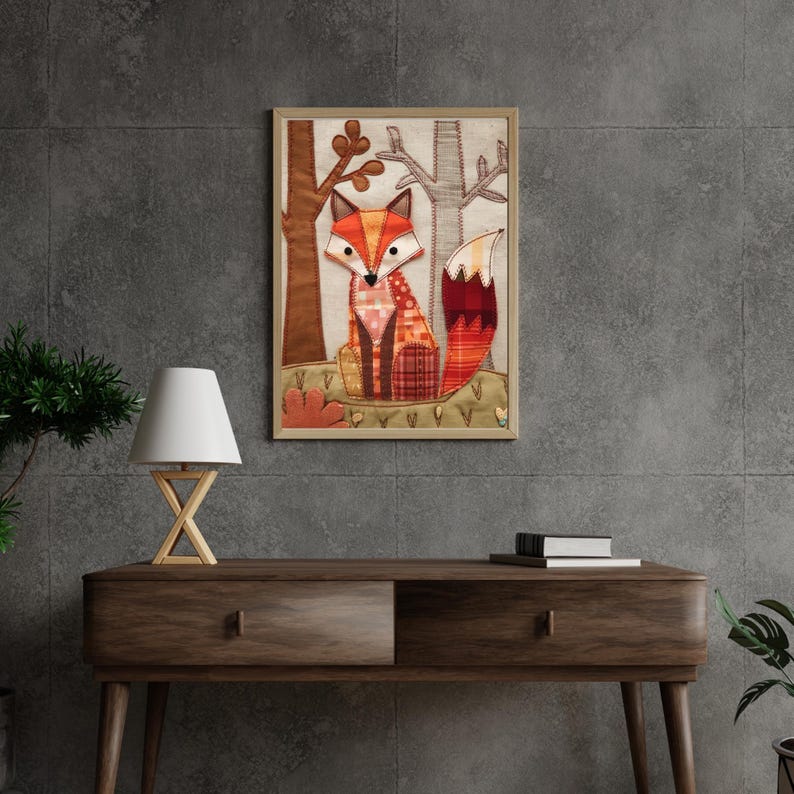 Playful Fox Fabric Collage Wall Art – Woodland Patchwork in Warm Orange ...