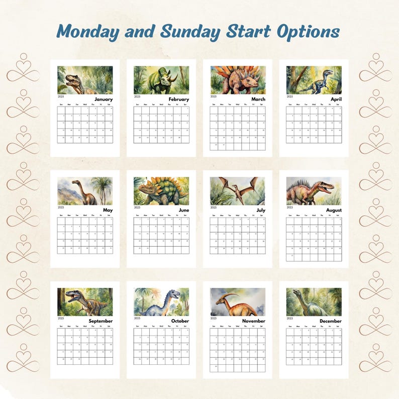 2025 Dinosaur Calendar for Kids - Printable Monthly Dino Art, 12 Unique ...