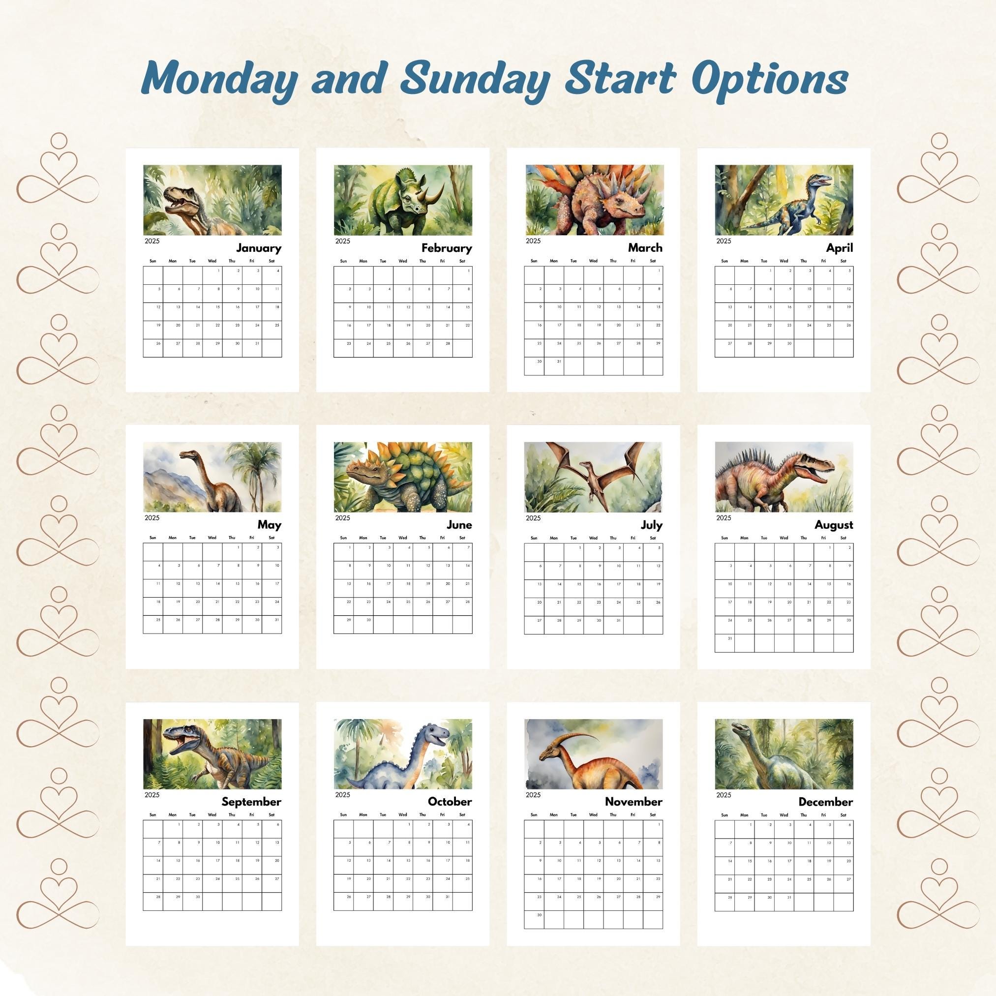 2025 Dinosaur Calendar for Kids - Printable Monthly Dino Art, 12 Unique ...