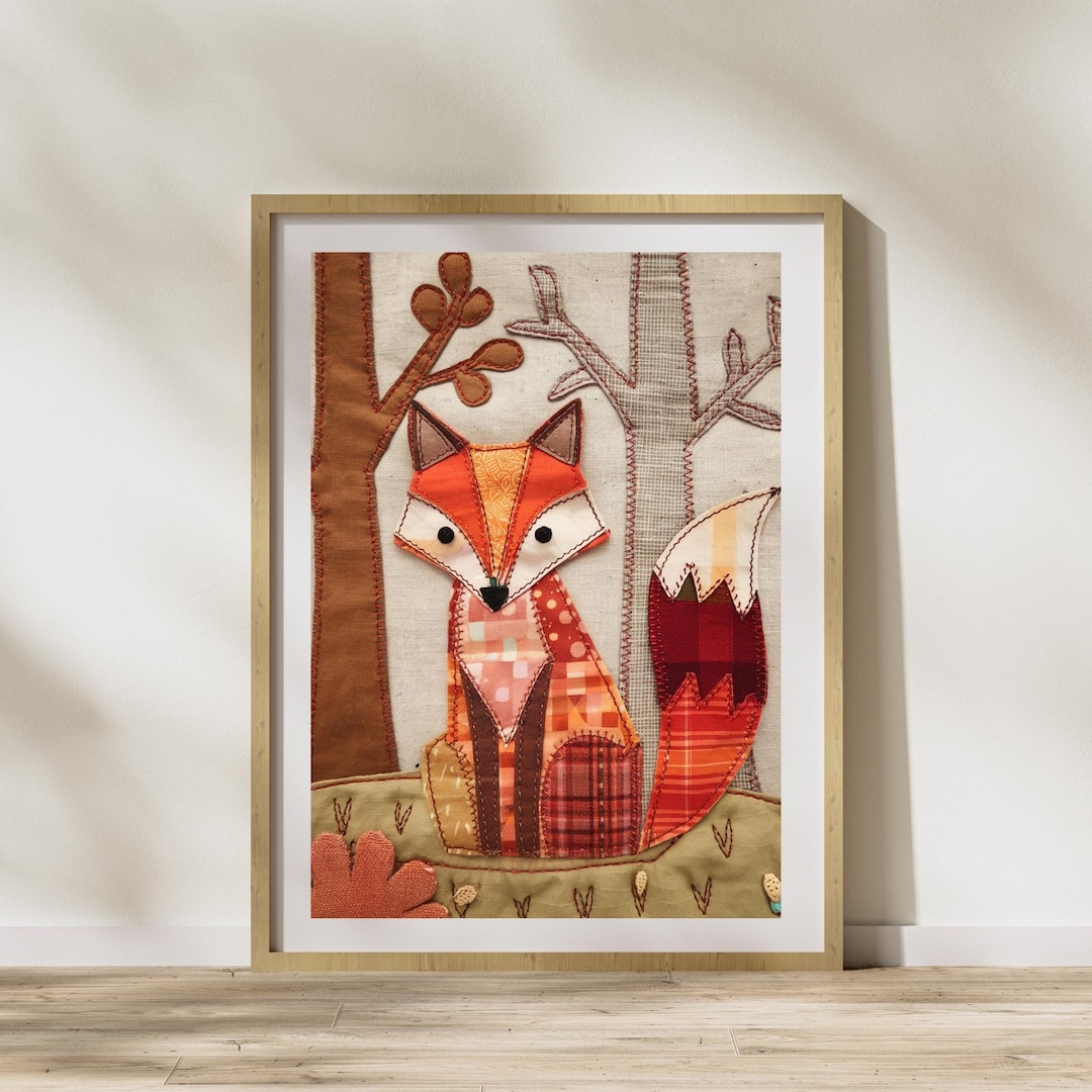 Playful Fox Fabric Collage Wall Art – Woodland Patchwork in Warm Orange ...