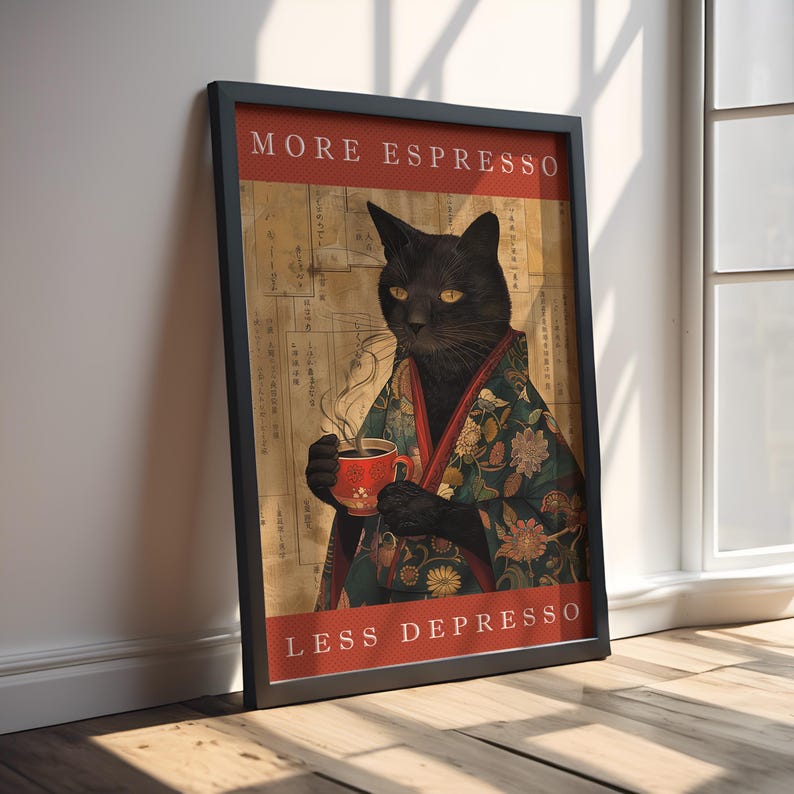 Funny Black Cat Espresso Poster, More Espresso Less Depresso Wall Art ...