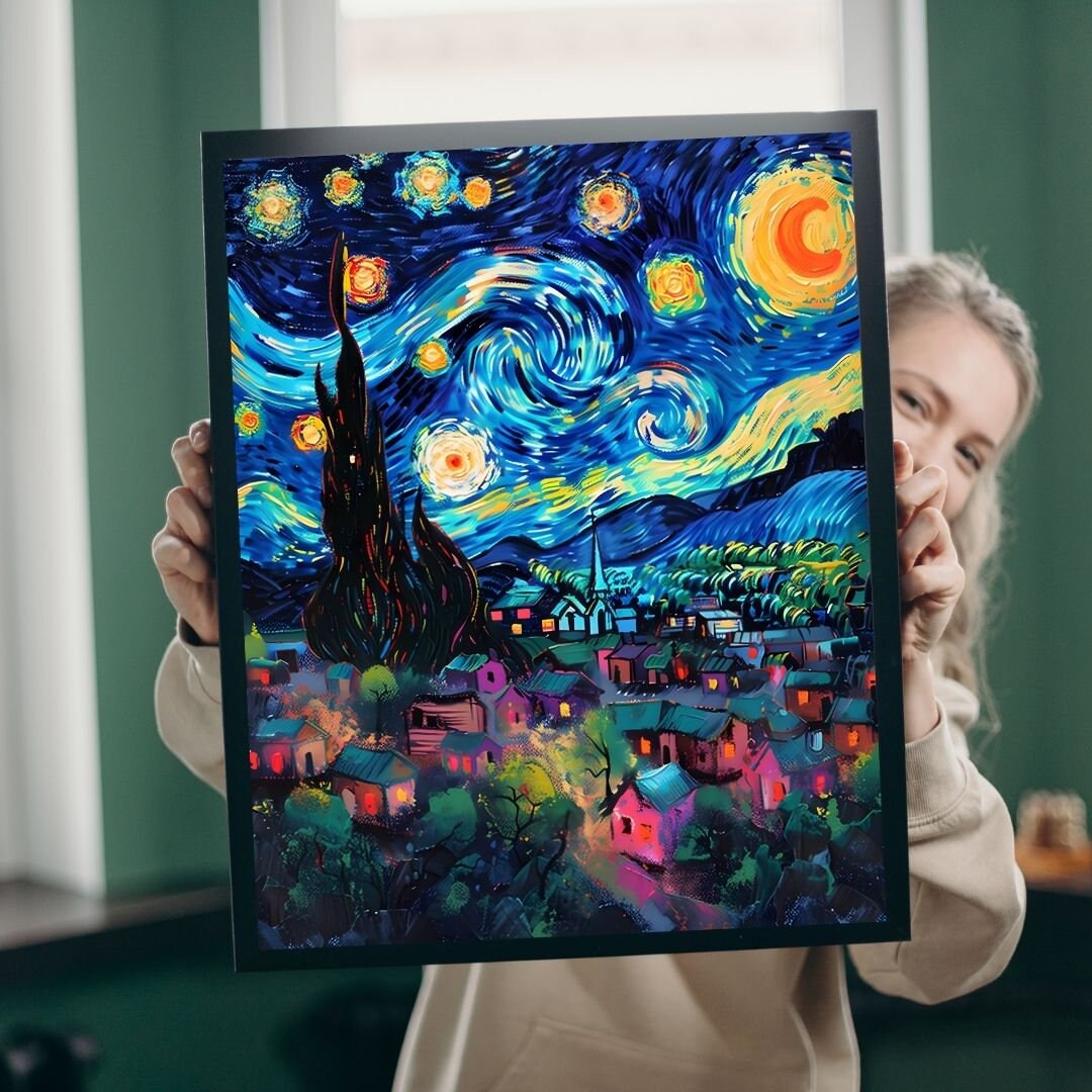 Van Gogh Starry Night Reinterpretation Print: Neon Stars, Whimsical Art ...