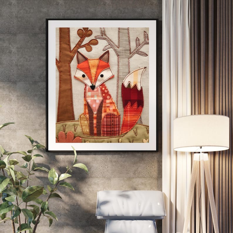 Playful Fox Fabric Collage Wall Art – Woodland Patchwork in Warm Orange ...