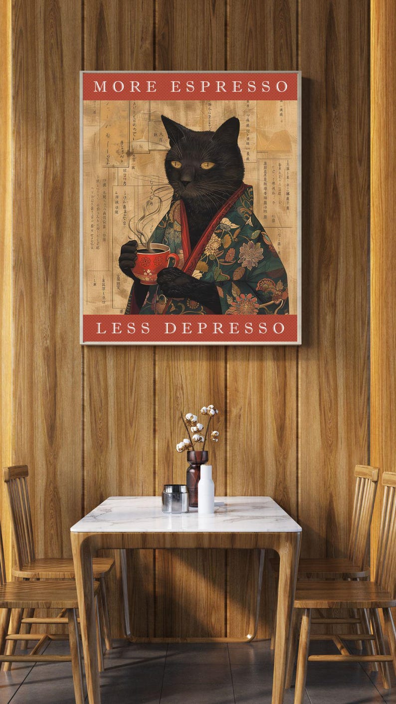 Funny Black Cat Espresso Poster, More Espresso Less Depresso Wall Art ...