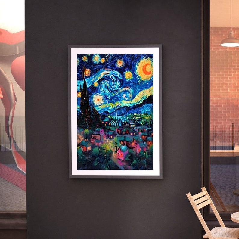Van Gogh Starry Night Reinterpretation Print: Neon Stars, Whimsical Art ...