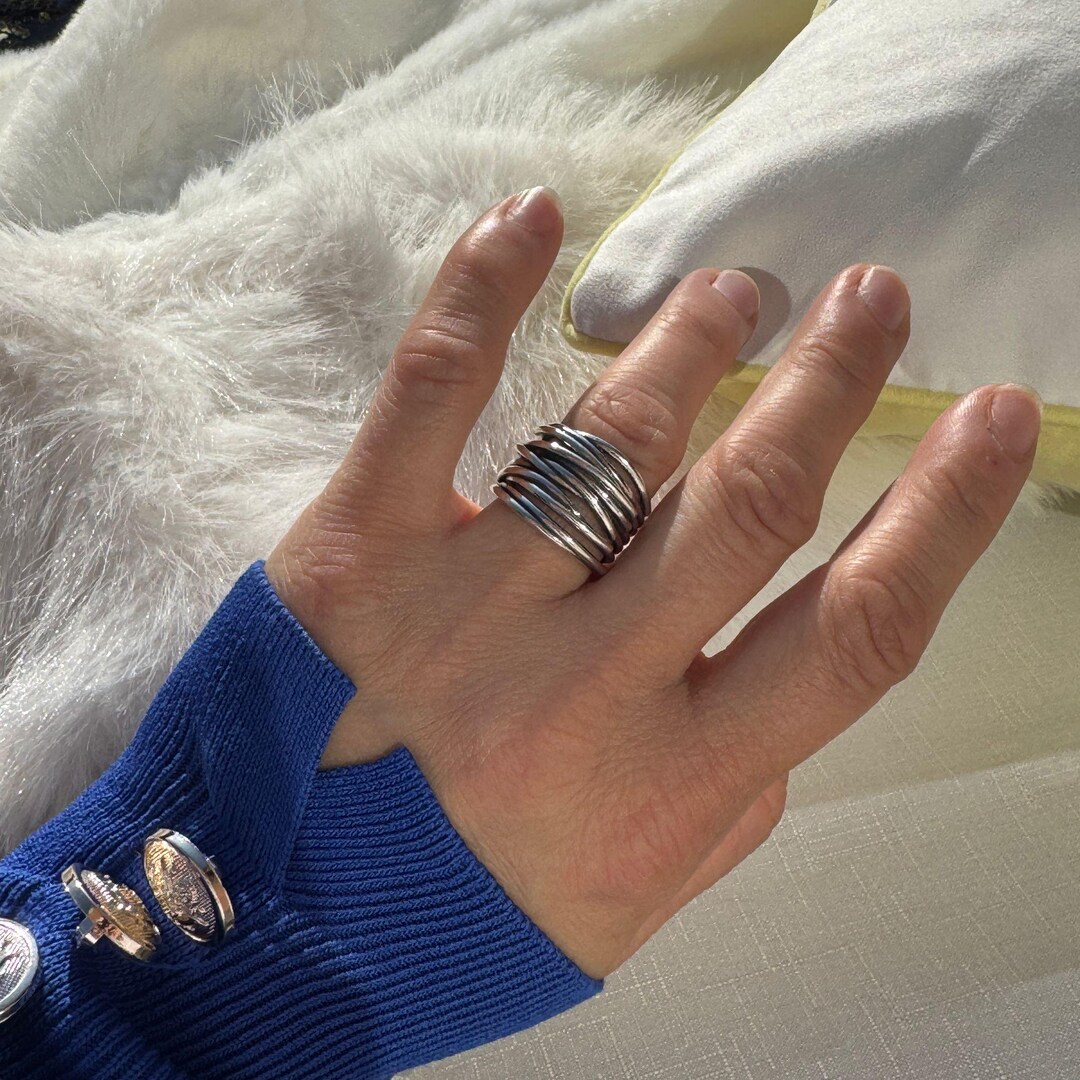 Silver Multi Layer Statement Ring, Chunky Boho Signet Ring,thumb Open Adjustable Dainty Ring for ...