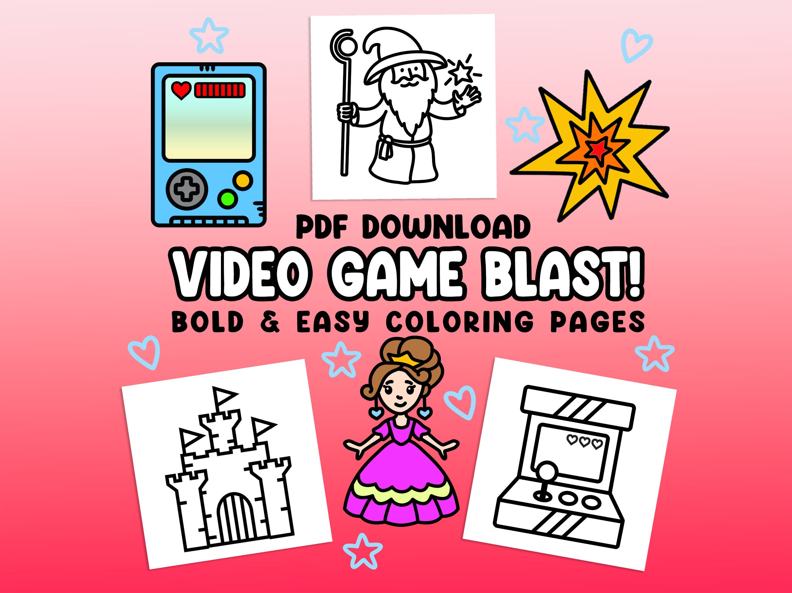 30 Bold and Easy Coloring Pages for Adults and Kids: Video Game Blast ...