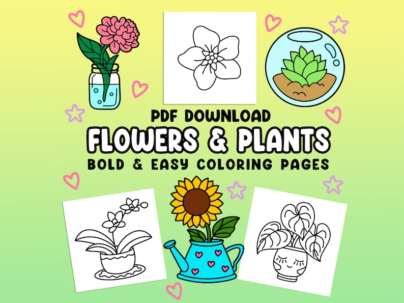 40 Bold and Easy Coloring Pages for Adults and Kids: Flowers & Plants ...
