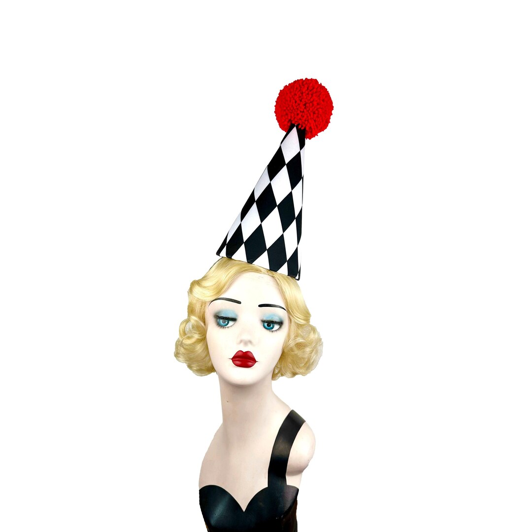 Large Clown Hat, Black and White Diamond Pattern With Red Pom Pom ...