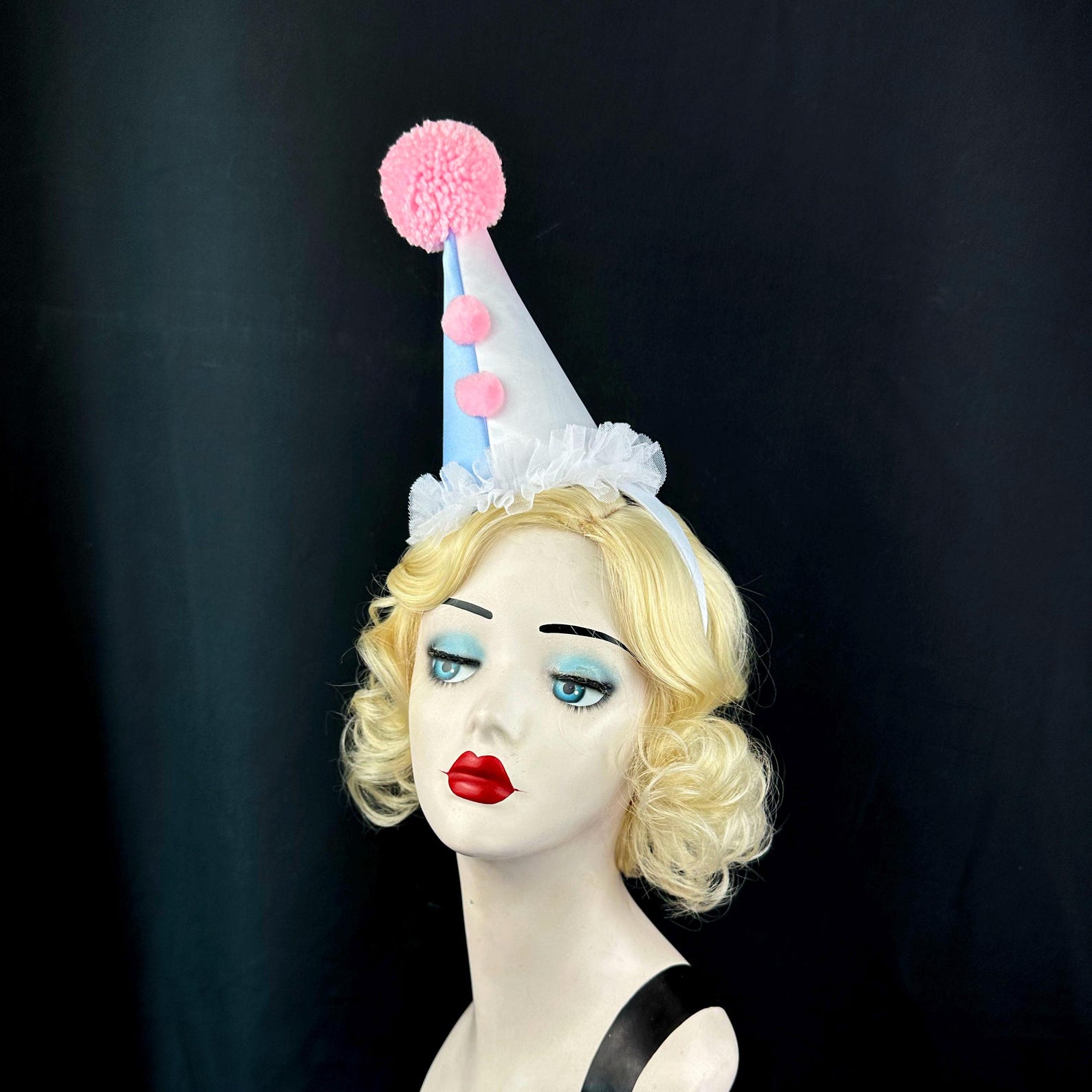 White, Baby Pink and Light Blue Mini Clown Hat With Big Pom Pom ...