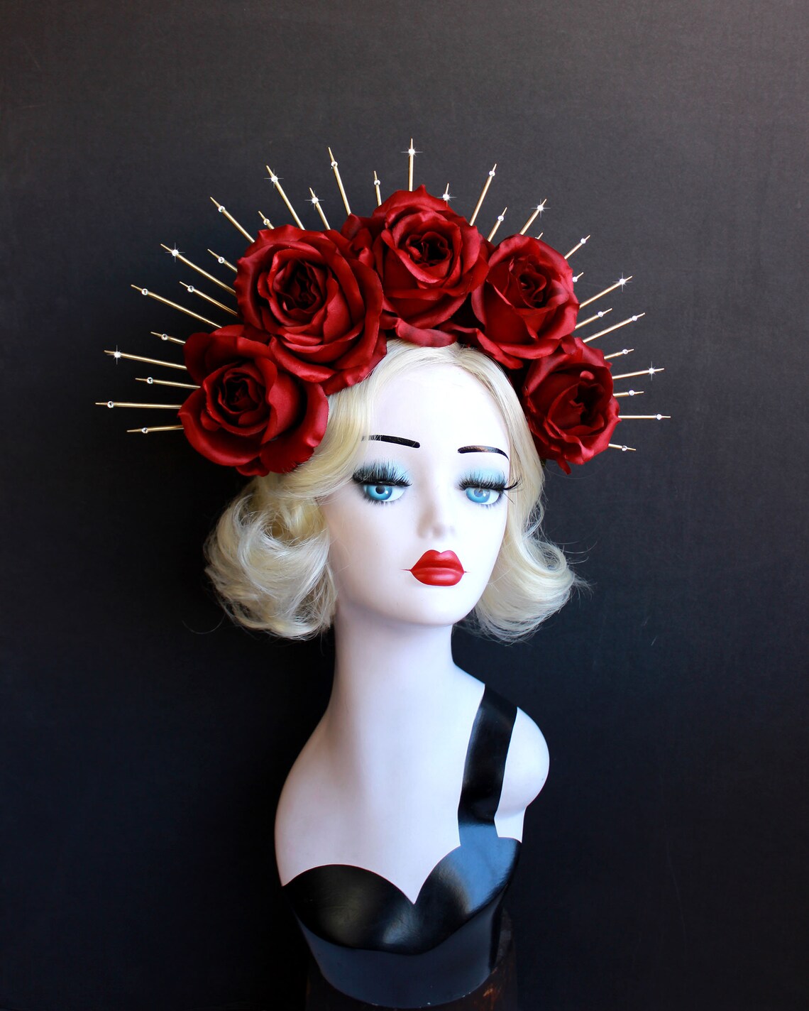 Dark Red Large Rose Flower Crown With Crystals Gold Halo - Etsy