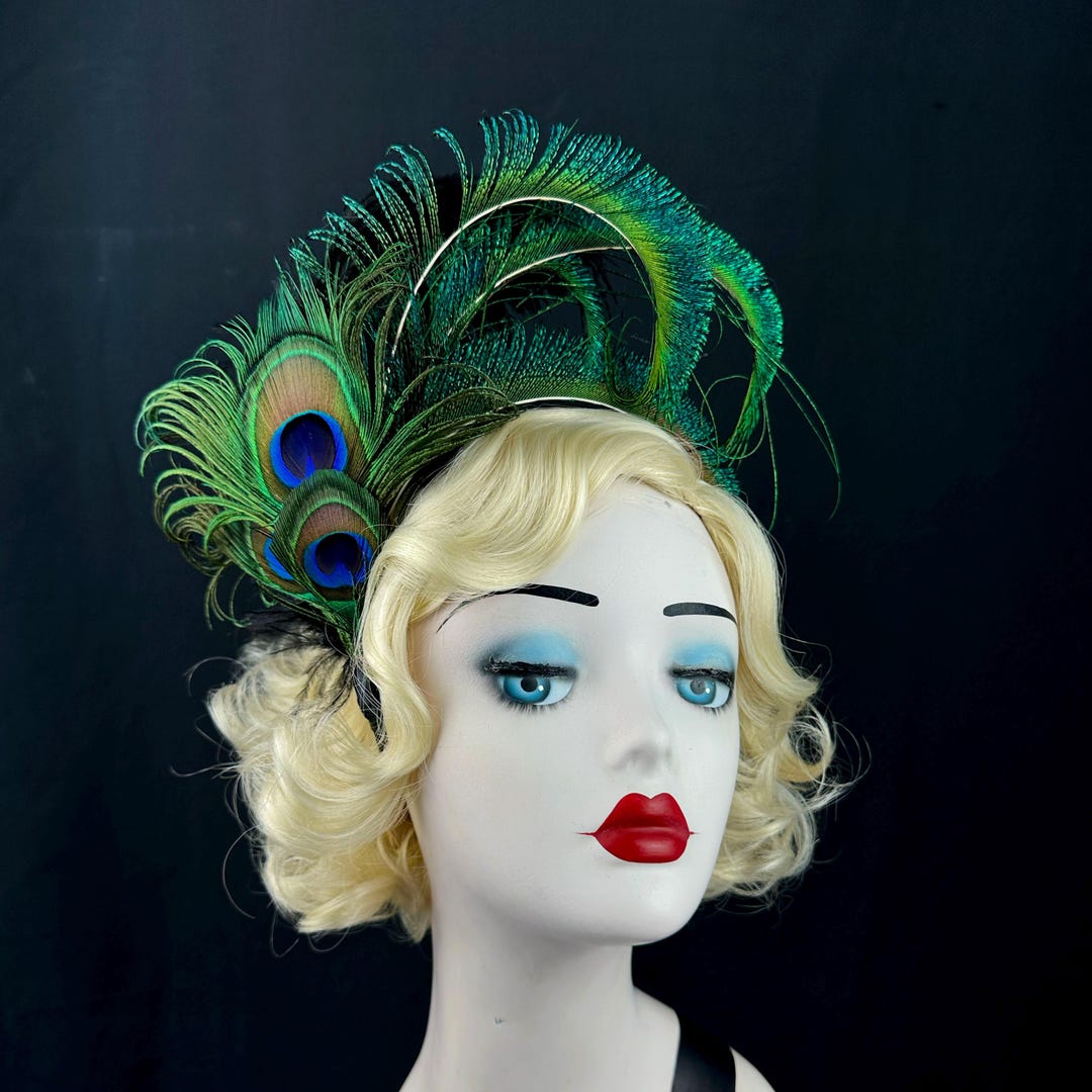 Black Ostrich Peacock Feather Fascinator Headband Showgirl Headdress Burlesque Costume Great