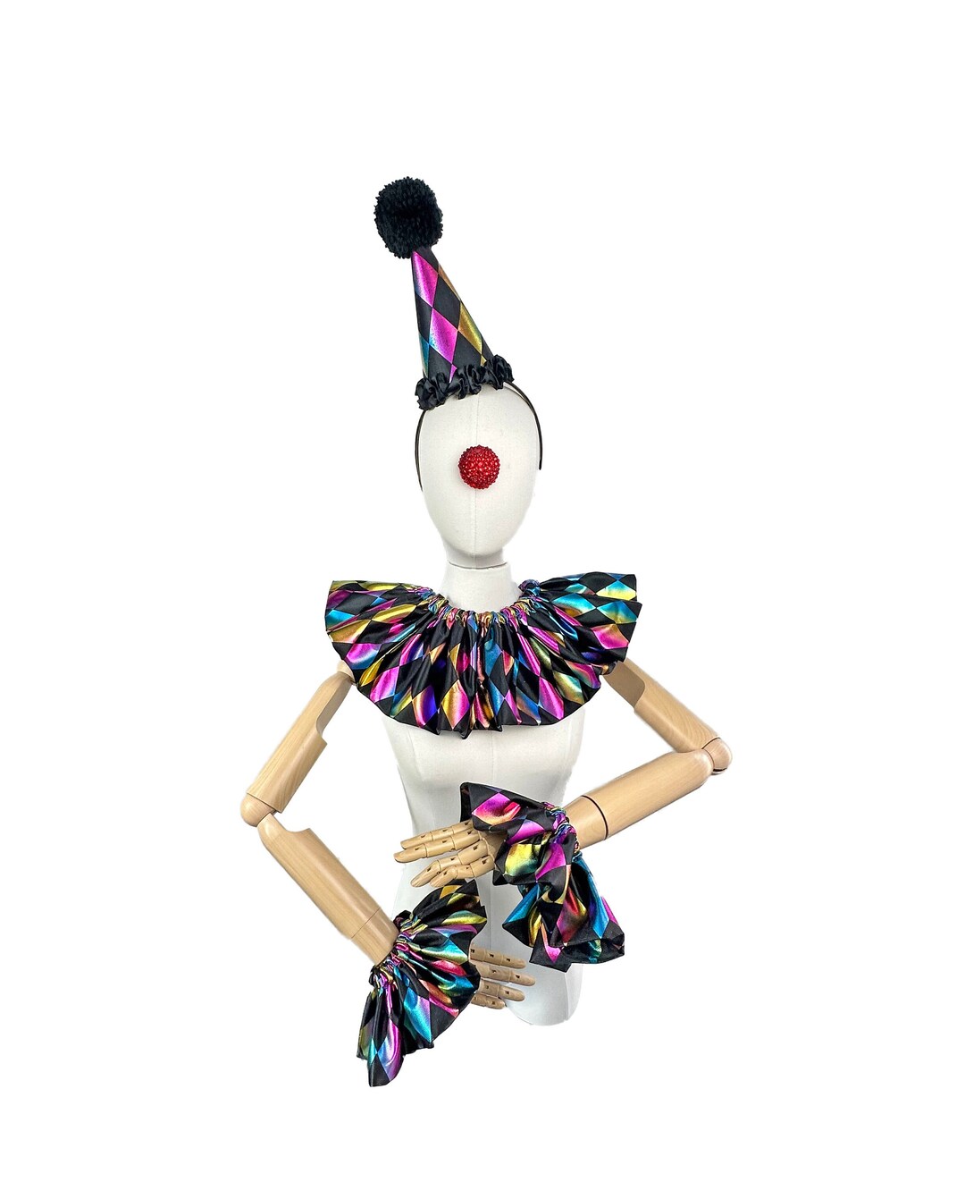 Harlequin Clown Costume Set Hat Collar Cuffs Multicolored - Etsy
