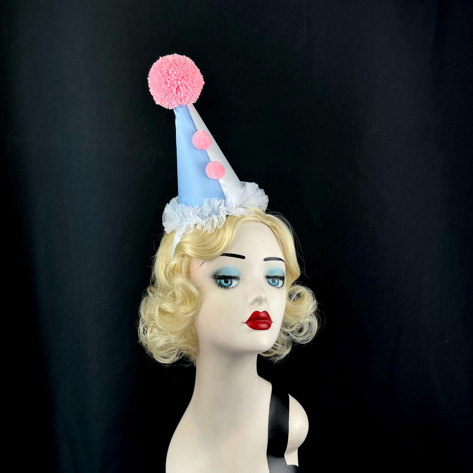 White, Baby Pink and Light Blue Mini Clown Hat With Big Pom Pom ...