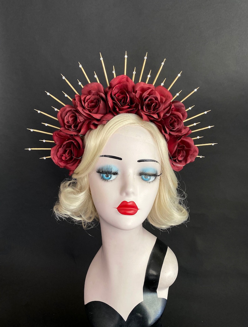 Dark Red Rose Flower Crown Gold Halo Crown Bridal Crown | Etsy