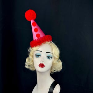 Red and Hot Pink Satin Mini Clown Hat, Big Pom Pom, Costume Headpiece ...