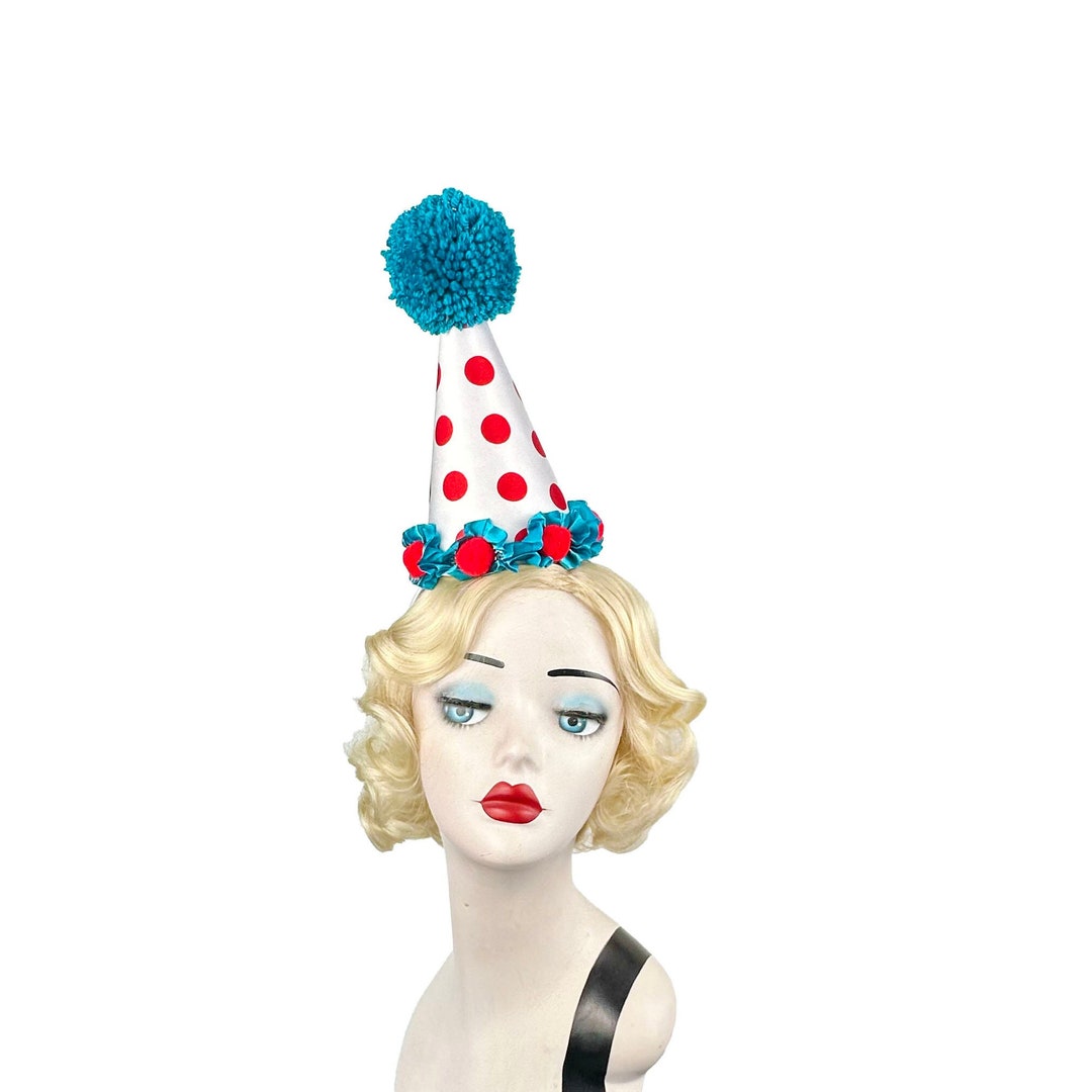 Red and White Polka Dot Clown Hat With Turquoise Blue Pom, Halloween ...