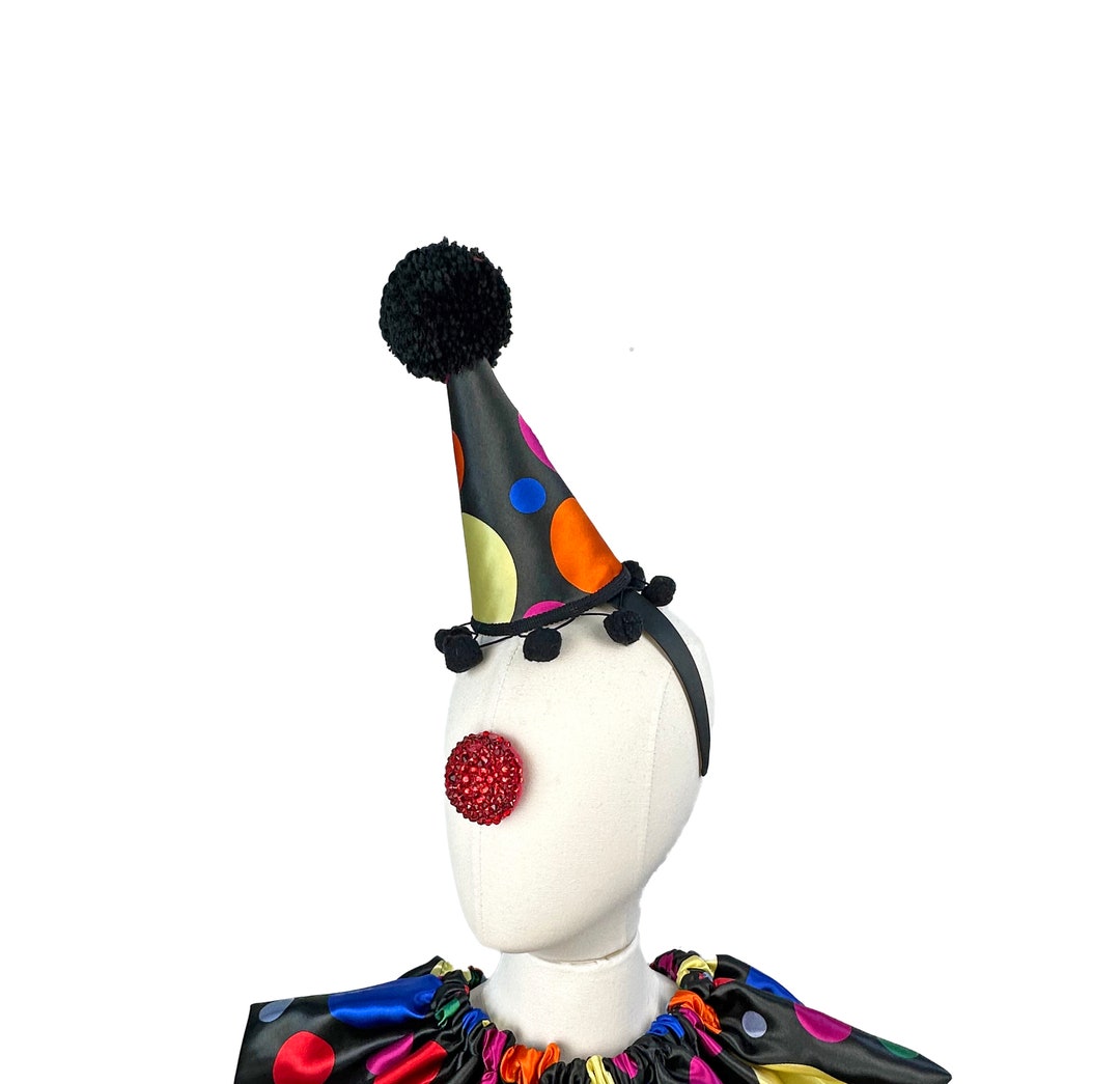 Multi Colored Polka Dot Clown Hat With Black Pom Poms, Halloween ...