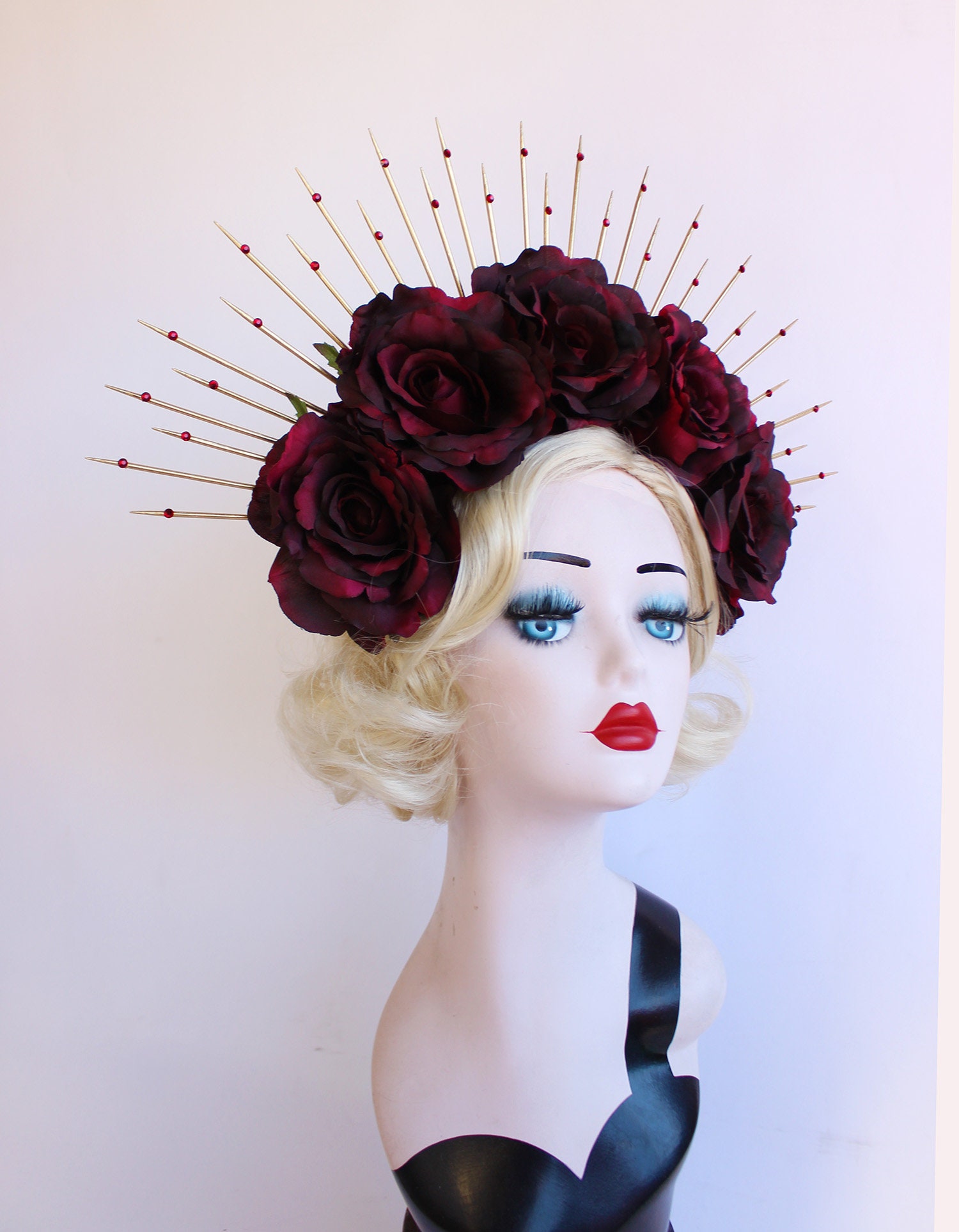 6 Burgundy Red Rose Flower Crown With Crystals Gold | Etsy