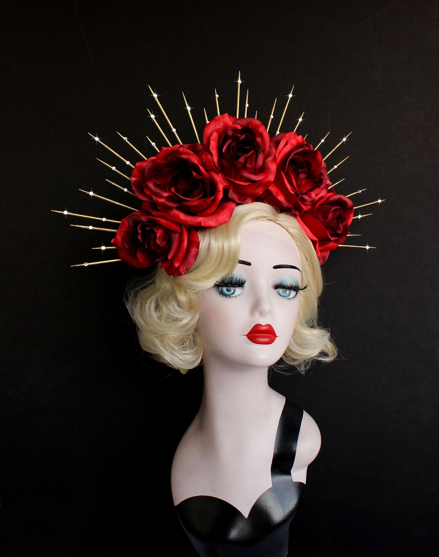 Red Rose Flower Crown with Crystals 6 Inch Gold Halo | Etsy