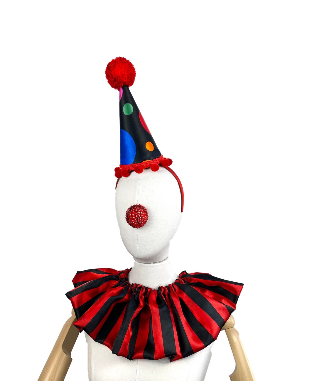 Black Multi Colored Polka Dot Clown Hat With Pom Poms, Halloween ...