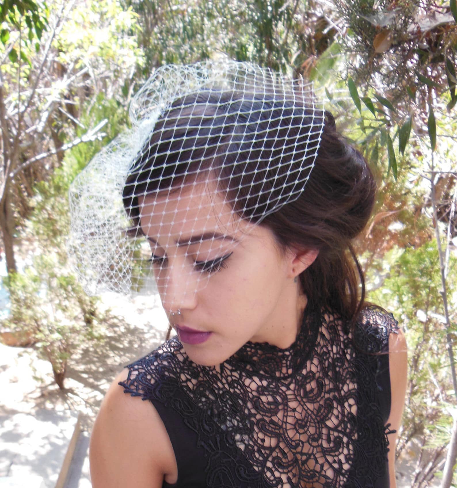 Ivory White Birdcage Wedding Veil - Half Veil - Clip in - Comb - High ...