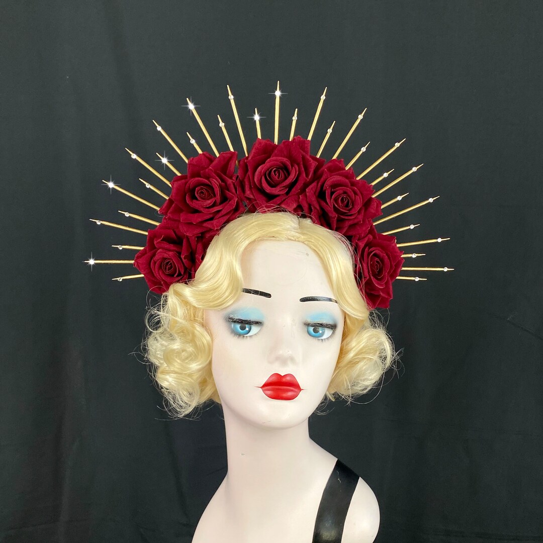 Dark Red Velvet Rose Crown, Gold Wedding Headpiece, Flower Headband ...