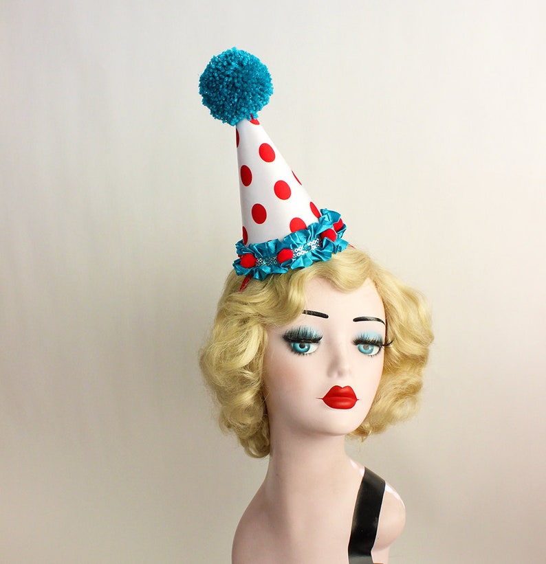 Red and White Polka Dot Clown Hat With Turquoise Blue Pom - Etsy
