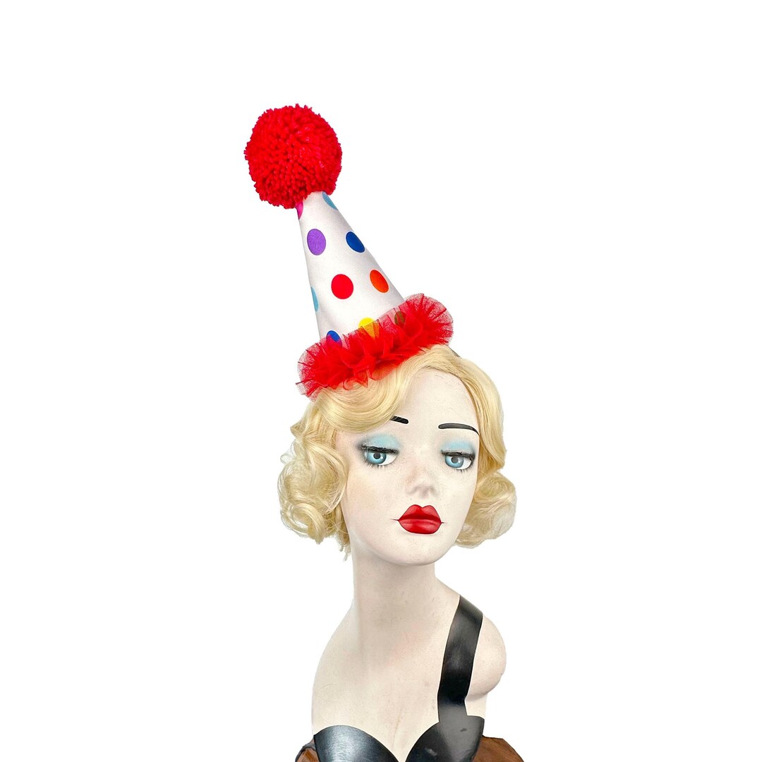Multi Color Polka Dot Mini Clown Hat With Red Tulle Trim, Classic ...