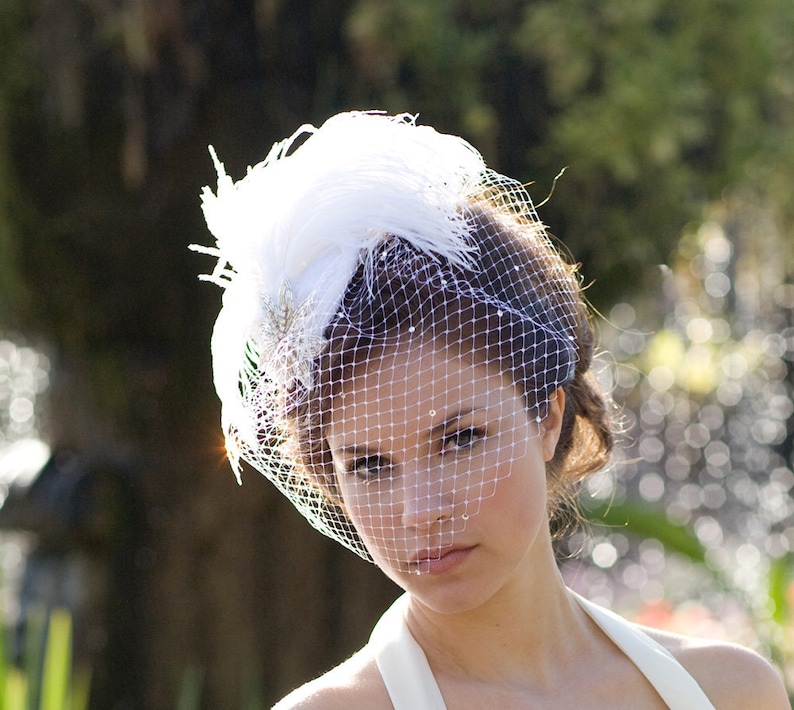 Wedding Veil, Birdcage Veil, Bridal Hat, Feather Fascinator, White ...
