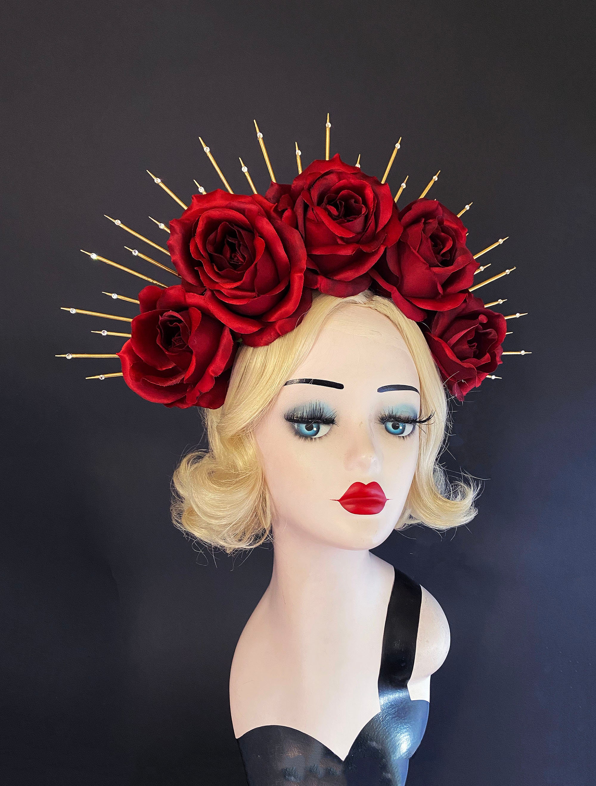 Dark Red Large Rose Flower Crown With Crystals Gold Halo | Etsy